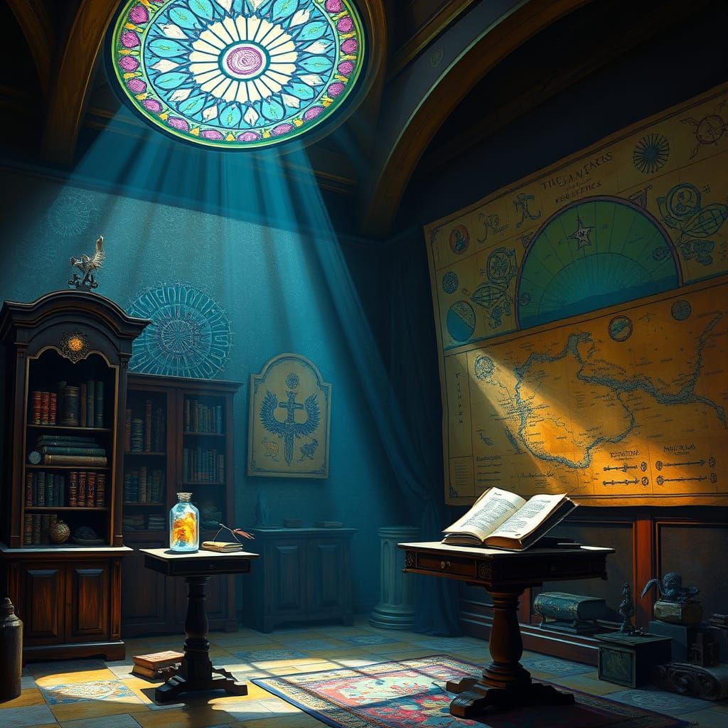 A wizards room with an oval window - Wizard's Sanctum with V...