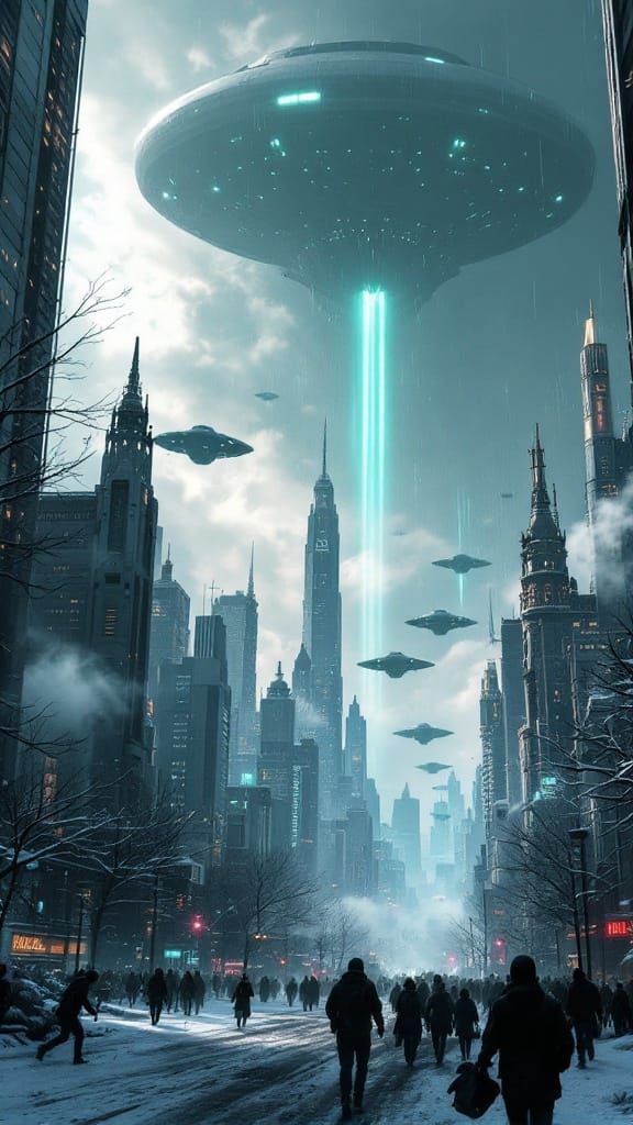 Alien Armada Descends Upon Futuristic Metropolis i... - AI Art