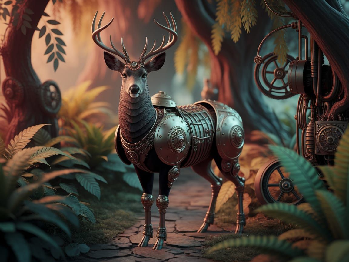 Steampunk Deer in Vibrant, Detailed Forest Landsca... - AI Art