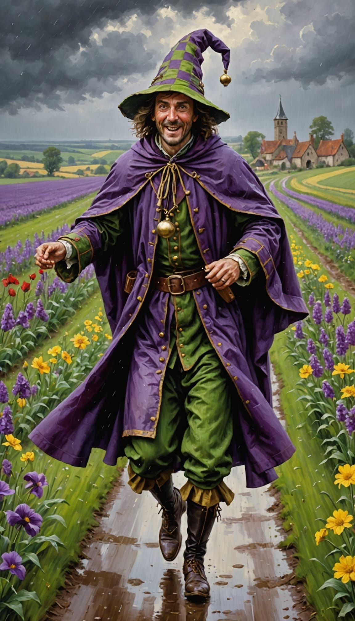 April Fool - Medieval Jester Runs Through Rainy Field of Wil...