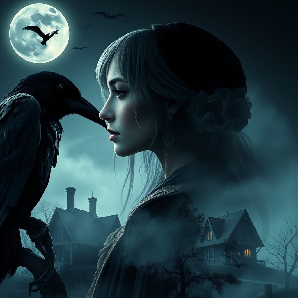 A beautiful witch, crows and castle