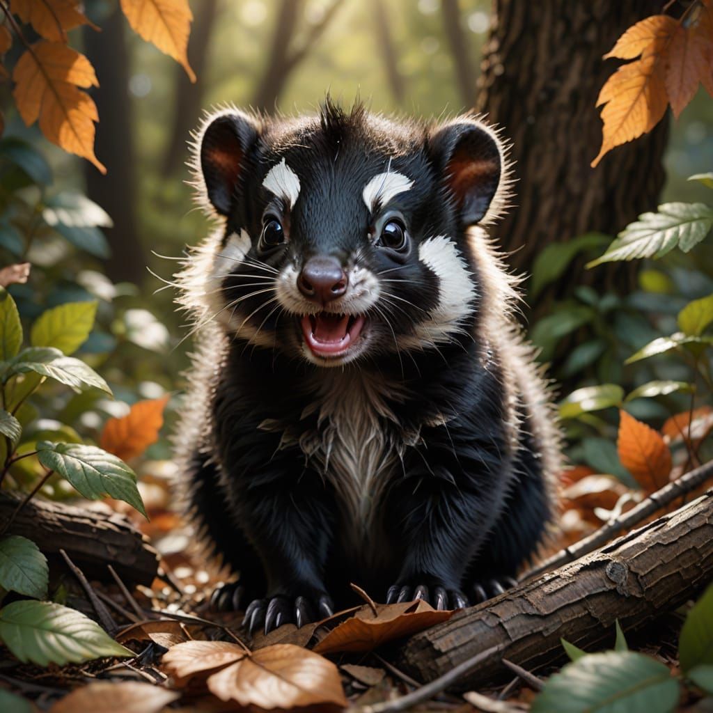 hyper-realistic baby skunk yawning - Realistic Baby Skunk in...