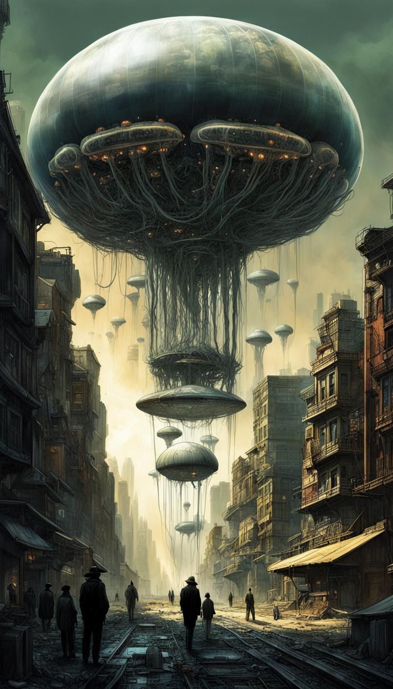 biomechanical jellyfish blimp in a alien city, living organic ...