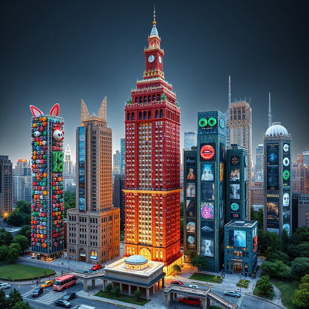 Neural Cityscape with Sensory Buildings in a Park-... - AI Art