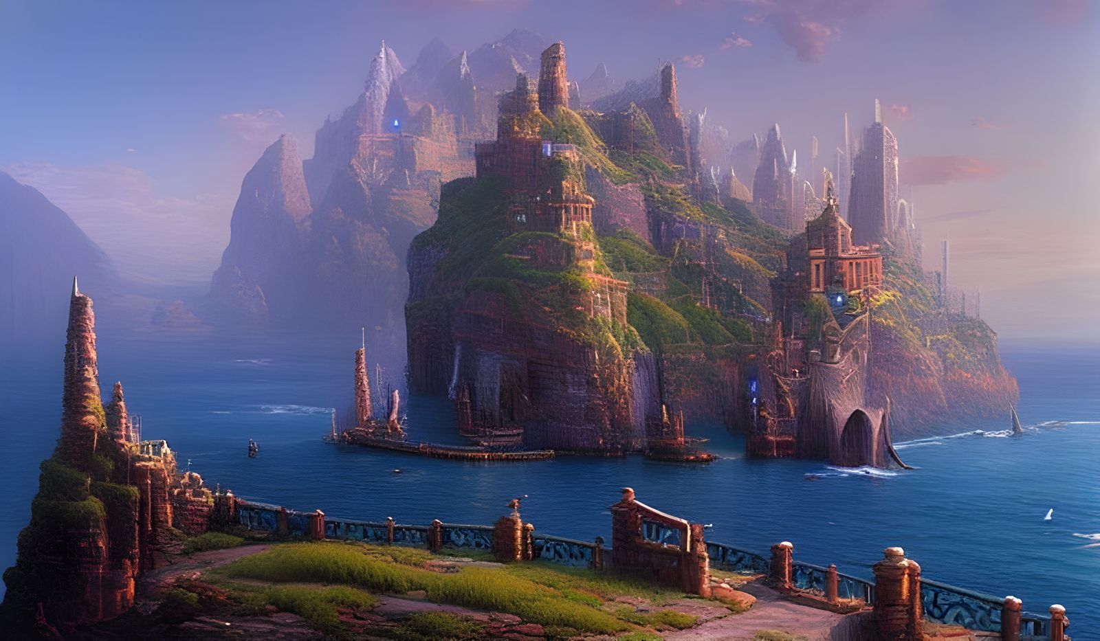 Azeroth - Cliffside Fantasy City in Aetherpunk Oil Painting