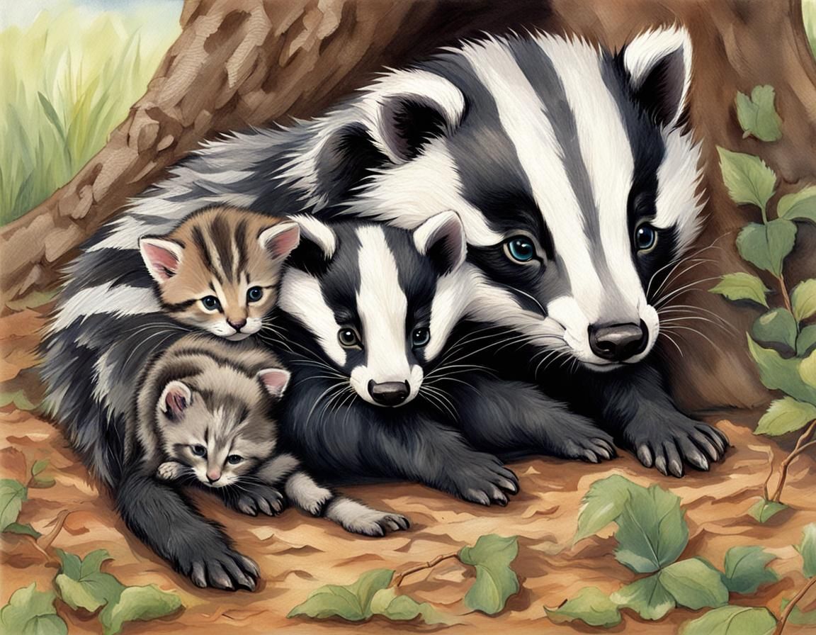 baby badger and baby kitten cuddling together under a tree - AI ...