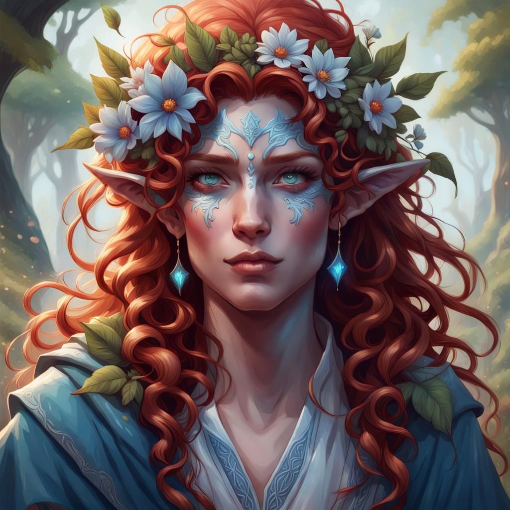 A mysterious half-elf druid with curly red hair wearing flowers - AI ...