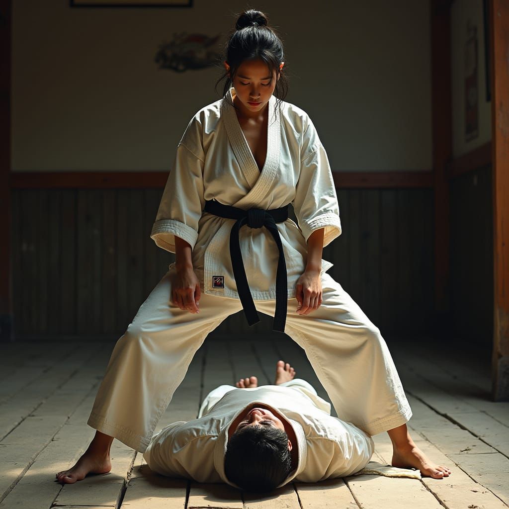 Karate Warrior Woman Triumphs Over Defeated Oppone... - AI Art