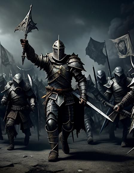 A weathered, armor-clad gothic knight holding up a banner in one hand ...