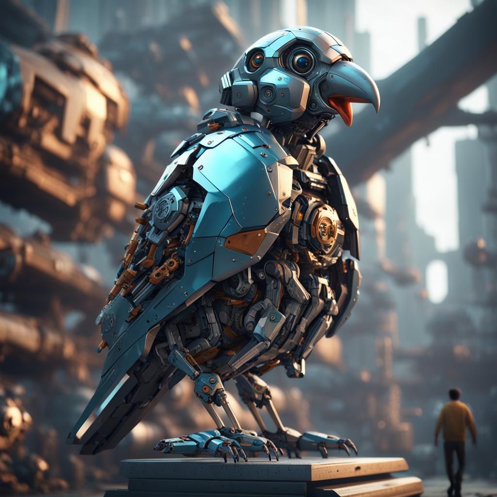 a cyborg pet bird sitting on a boy's shoulder intricate mech details ...