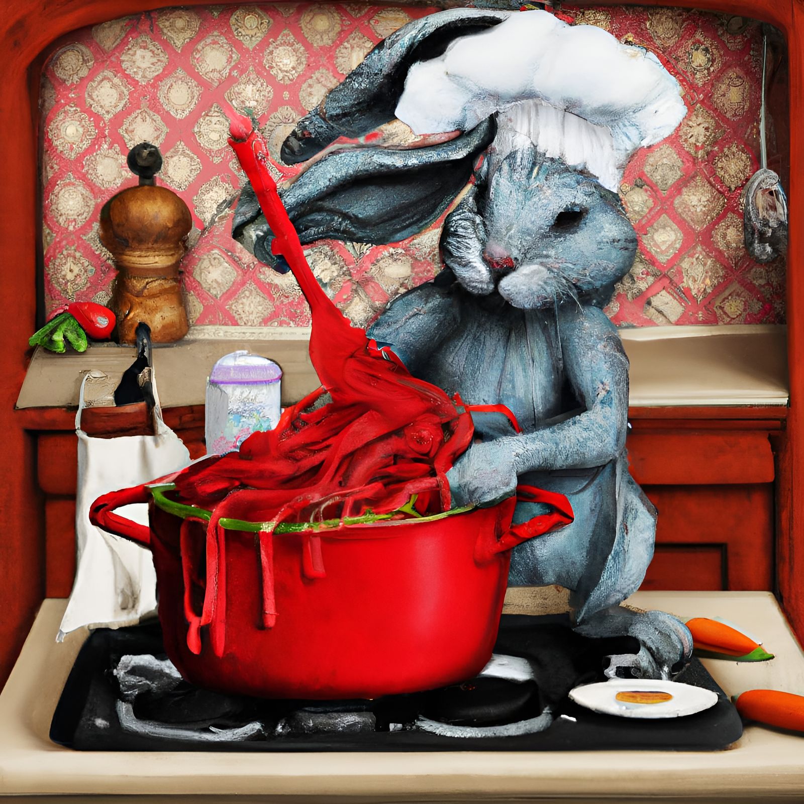 Red Bunny cooking spaghetti, intricately detailed digital art - AI ...
