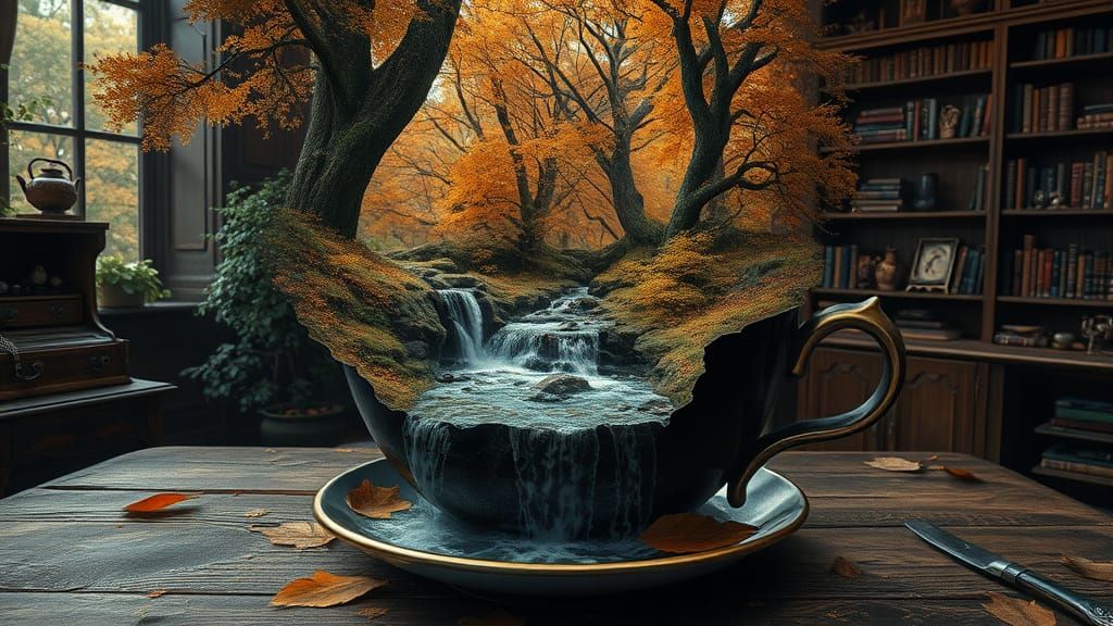 Autumn Landscape Overflowing from Vintage Teacup - AI Art