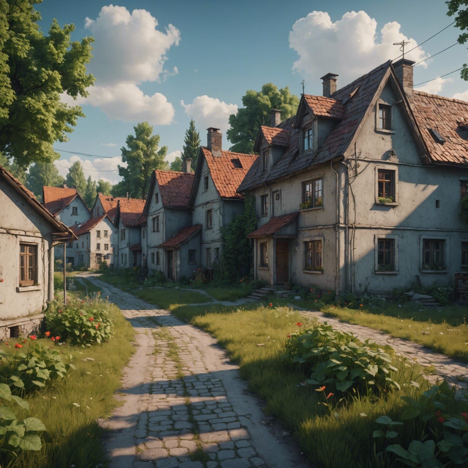 A cute HDRI of a little town with cottages and dirth paths, a soviet ...