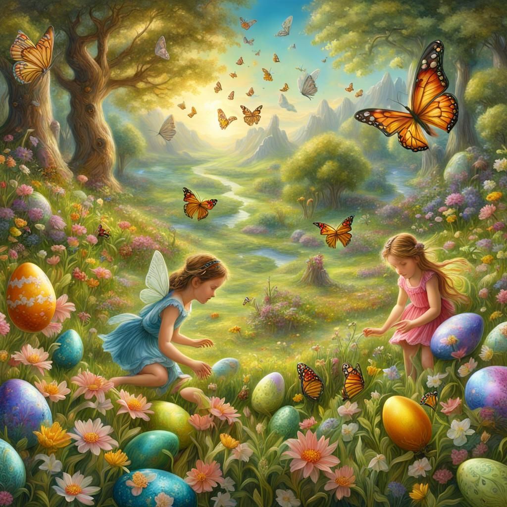 Fairies flitting in a meadow painting Easter eggs, green grass, flowers ...