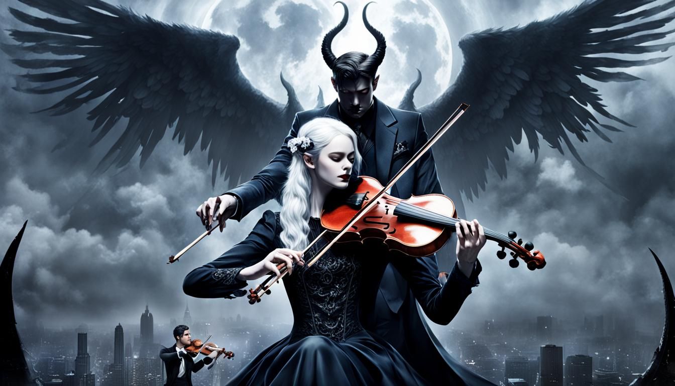 Gothic couple playing violin melody while Lucifer watches them from ...