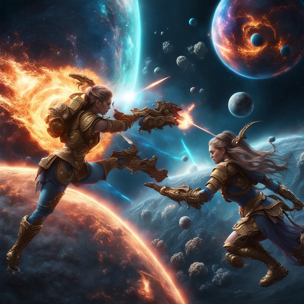 Beautiful voluptuous goddesses engaged in war against each other destroying planets with a ...