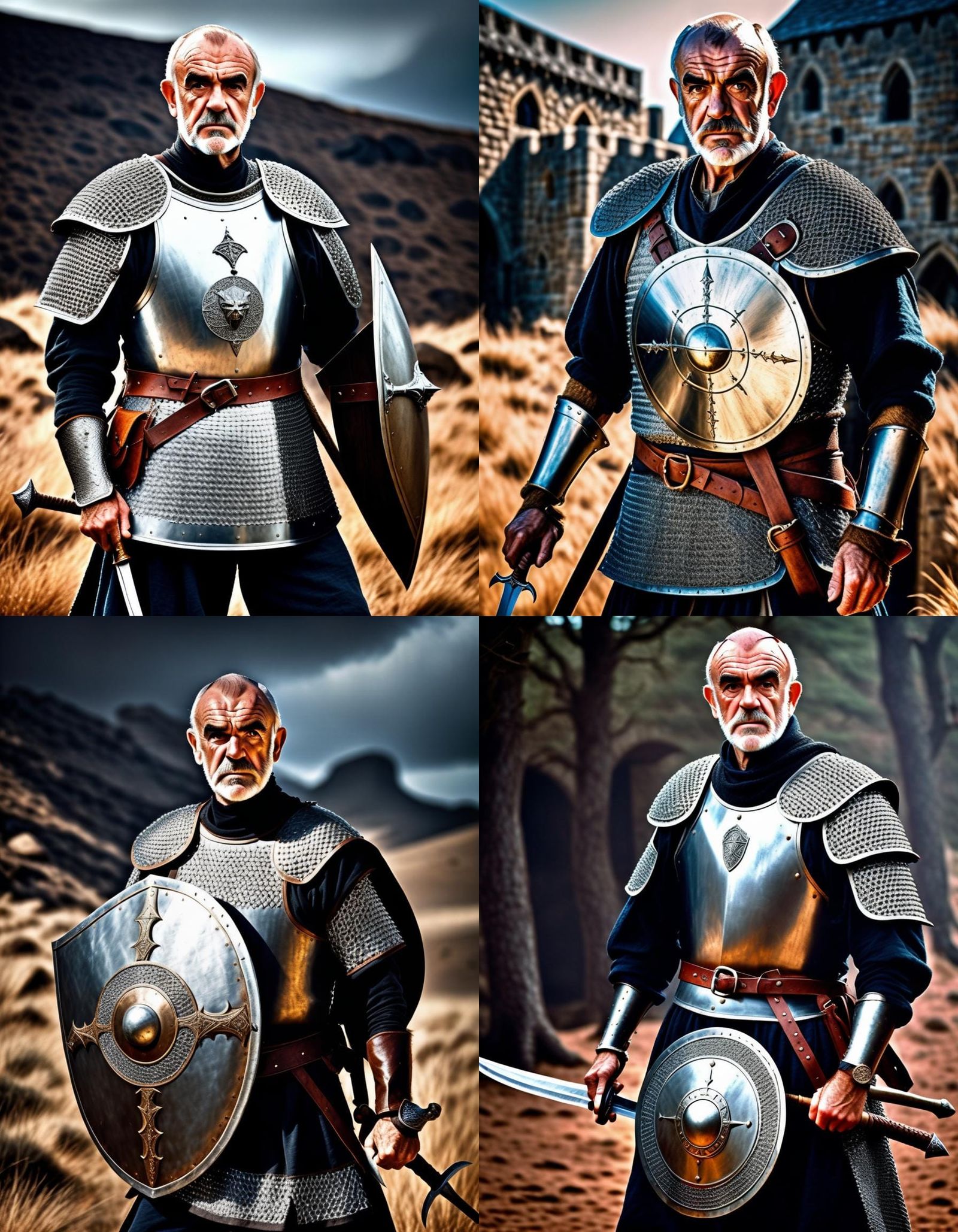 A young Sean Connery dressed as a fighter wearing chainmail with a ...