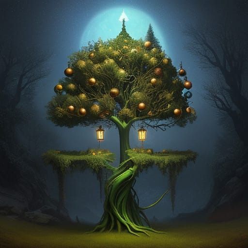 Surrealist Fantasy Tree in Whimsical Christmas Sce... - AI Art