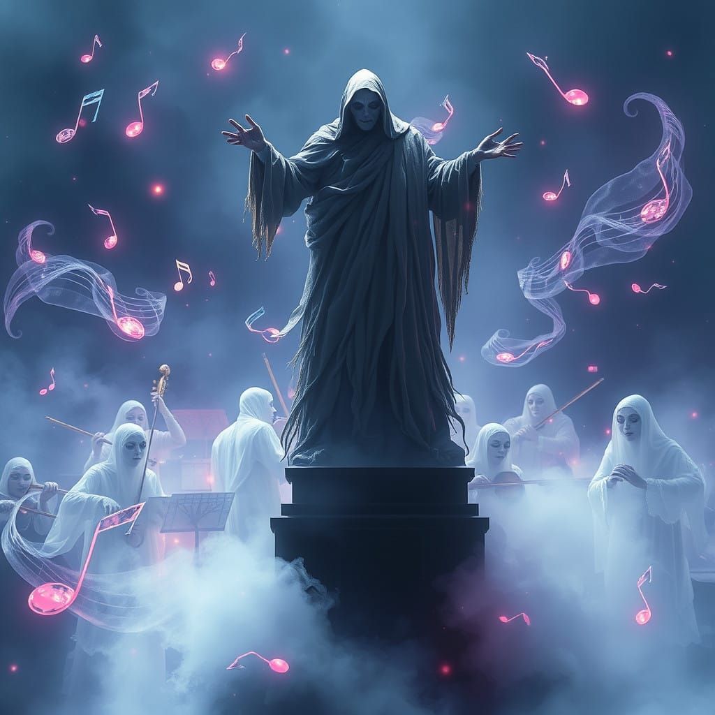 A ghost conductor leading phantom musicians as they play, with flowing ...