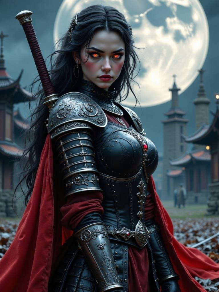 Vampire - Elegant Vampire Samurai Under Full Moon