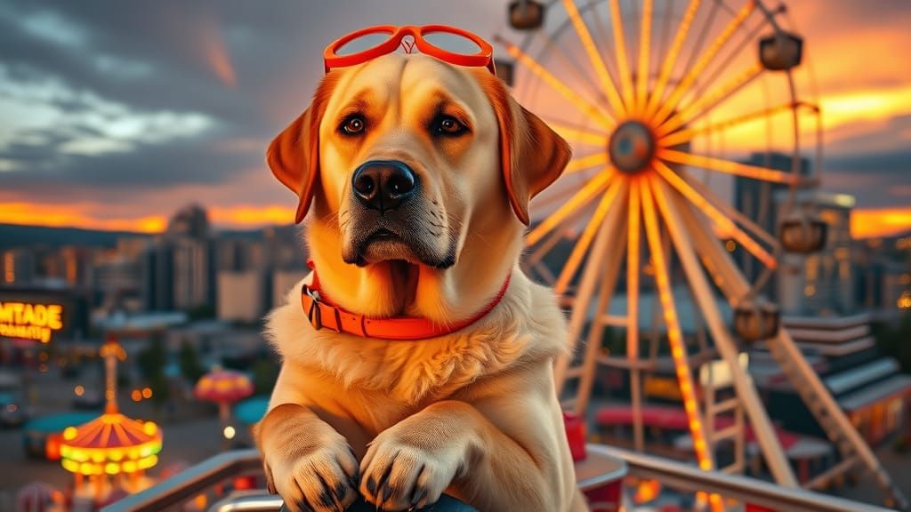 A tan Labrador retriever dog at the Calgary Stampede fairground on the ...