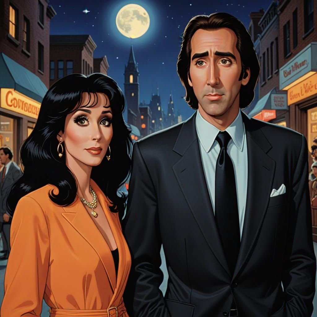 Cher and Nicholas Cage in Classic Cartoon Romance - AI Art