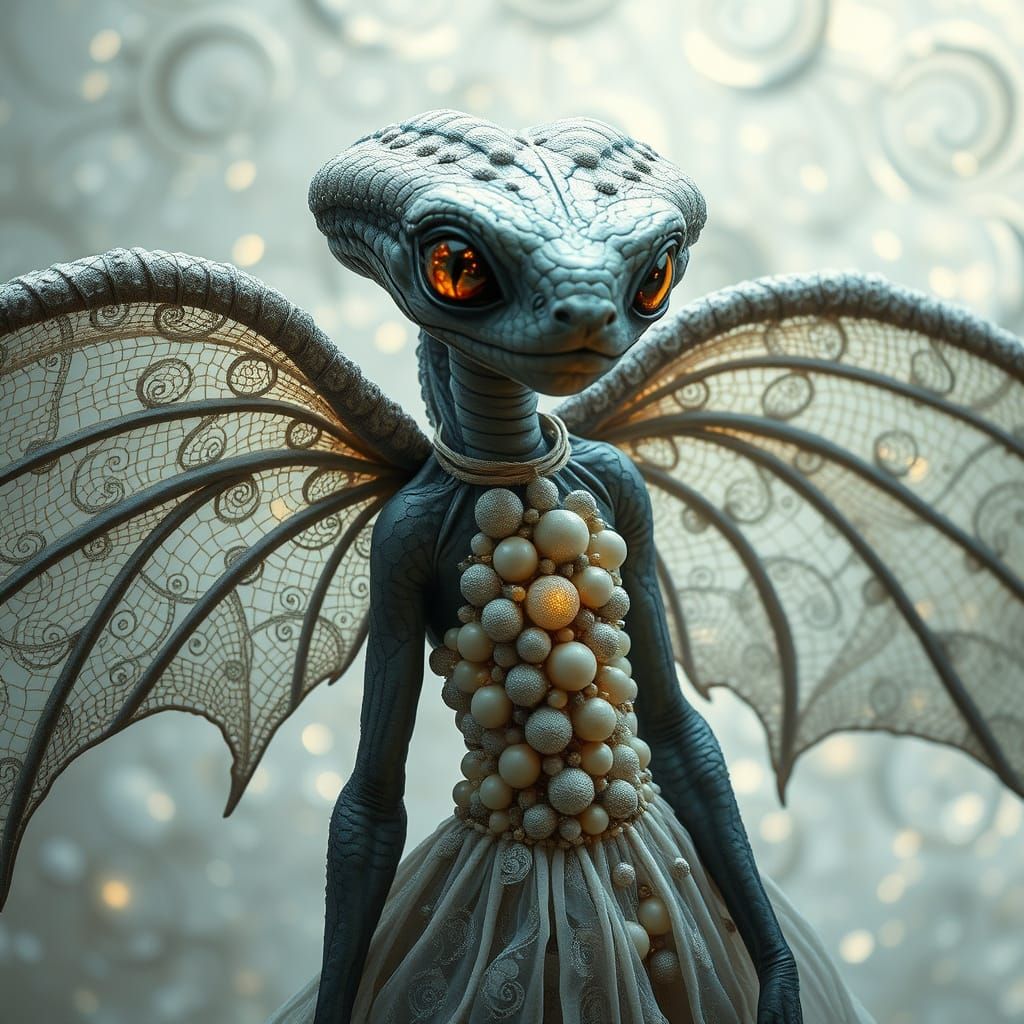 Intricately detailed, shy alien snake, mid-shot, with huge, Habenaria ...