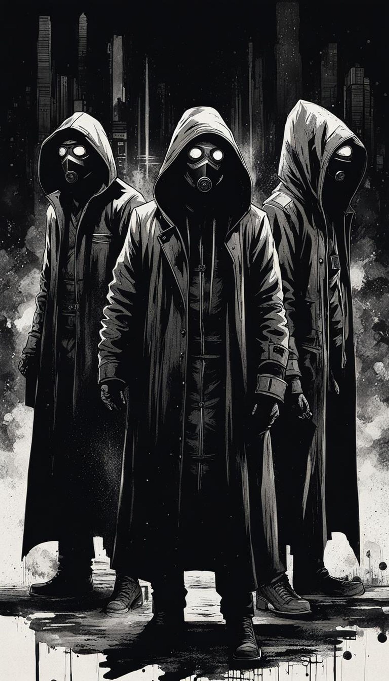 Three Ominous/Menacing Masked Figures in Hooded Overcoats - AI ...