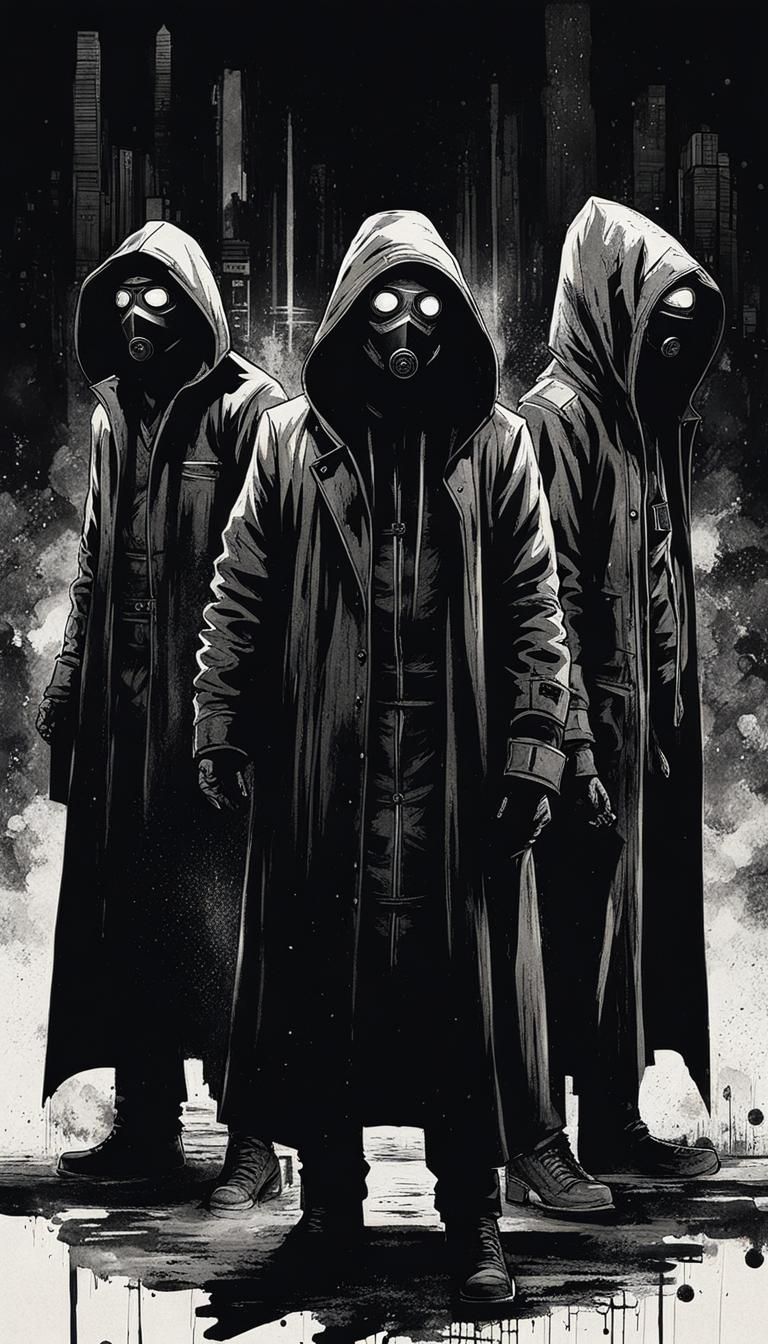 Three Ominous/Menacing Masked Figures in Hooded Overcoats - AI ...