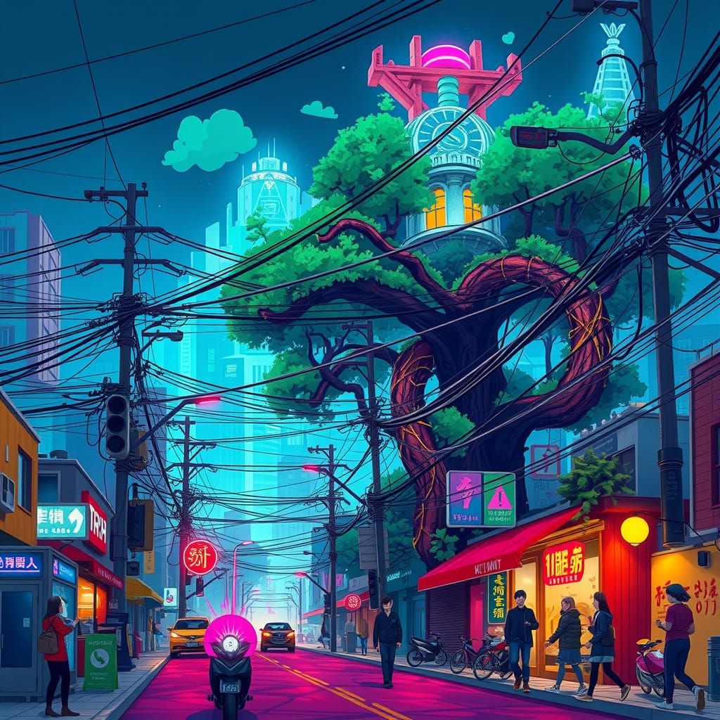 Ecopunk Cityscape: Nature Meets Neon - AI Art