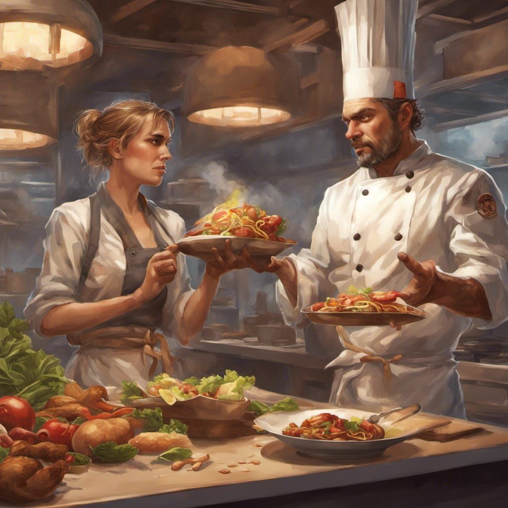 A male chef cooking fast-food and arguing with a female nutritionist ...