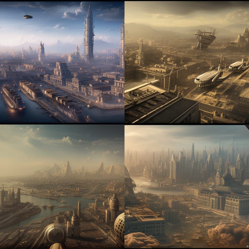 vintage photo, realistic, city aerial view with airships, detailed ...