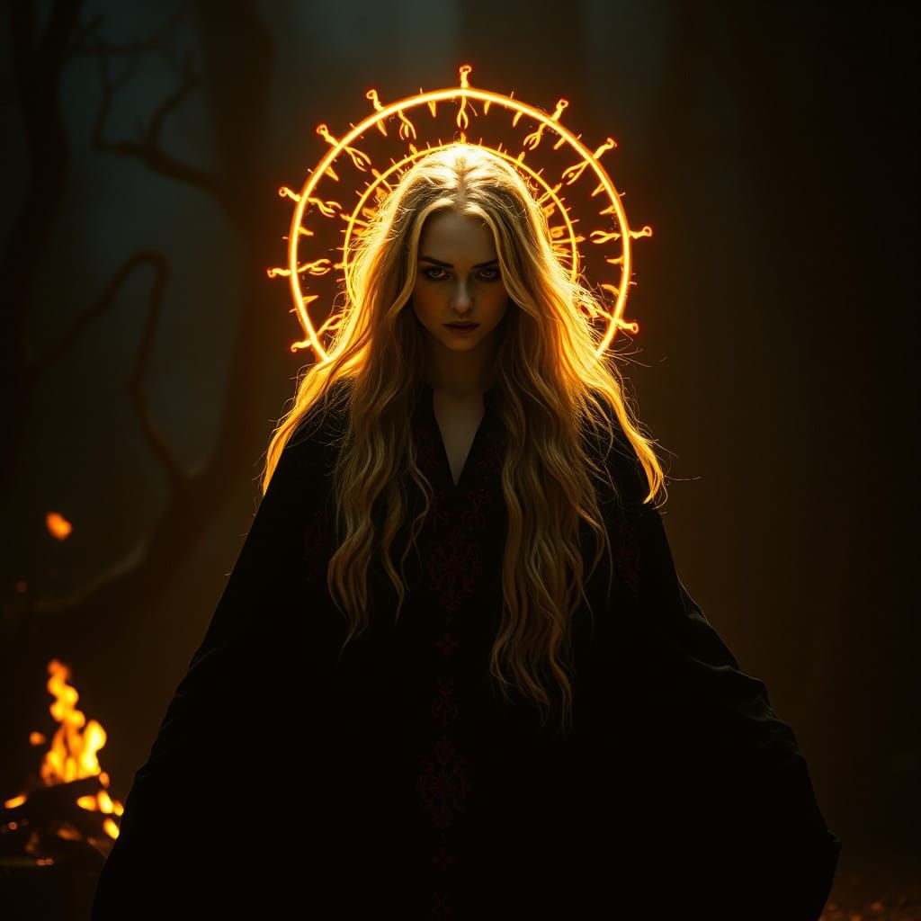 Ethereal Witch Conjures Fire in Cinematic Film Sti... - AI Art