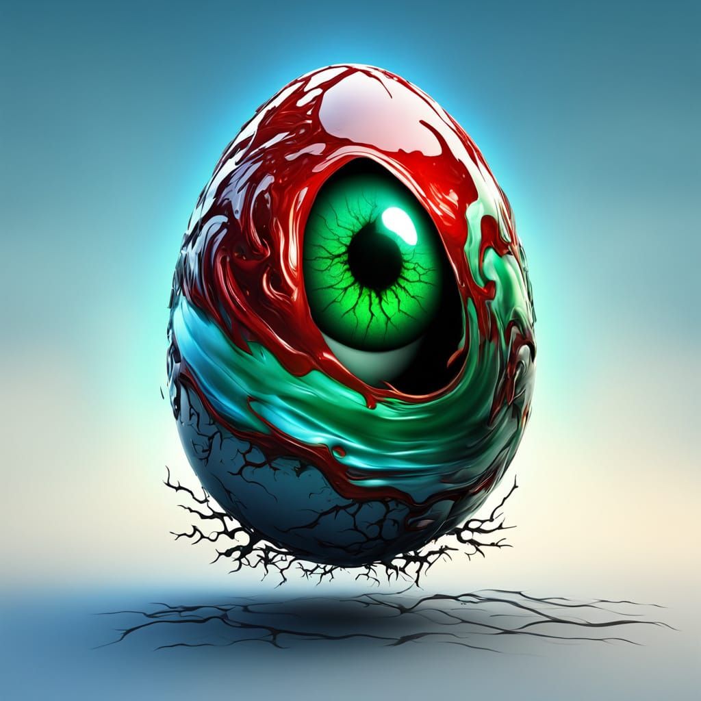 Abstract Egg Designs. A hyperrealistic large cracked egg, covered in swirling red goo with a ...
