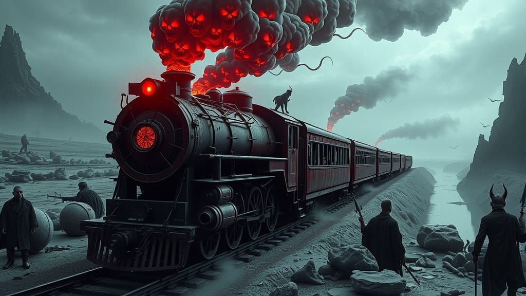 Dark Fantasy Train Chugs Across Underworld Wastela... - AI Art