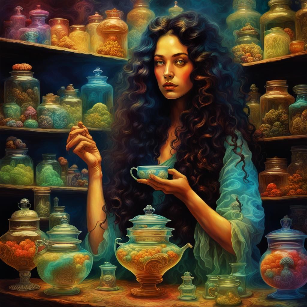 vintage apothecary shop,gorgeous woman with long dark curly hair ...