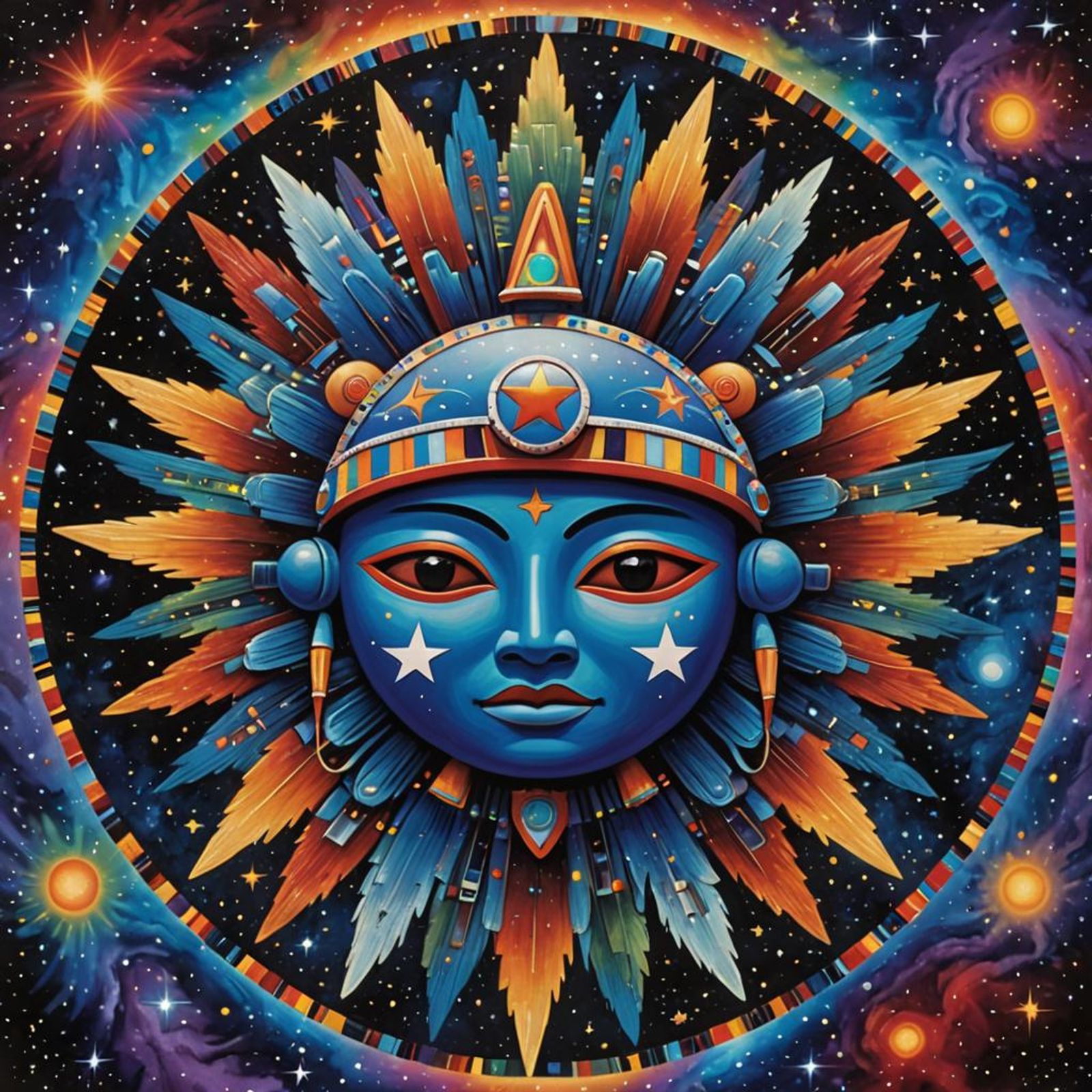 A cosmic creation scene featuring a blue star at the center, portrayed ...