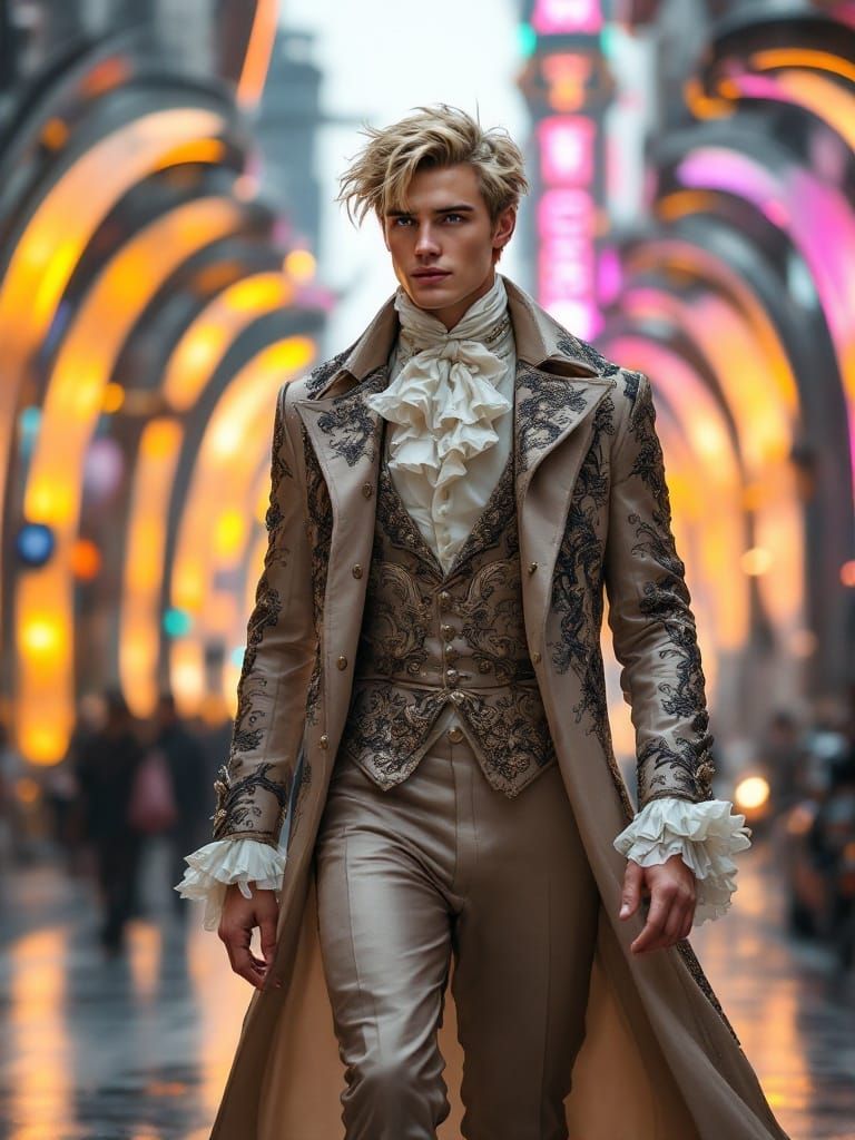 Model in Neo-Rococo Suit 250112A - Elegant Model Strolls Thr...