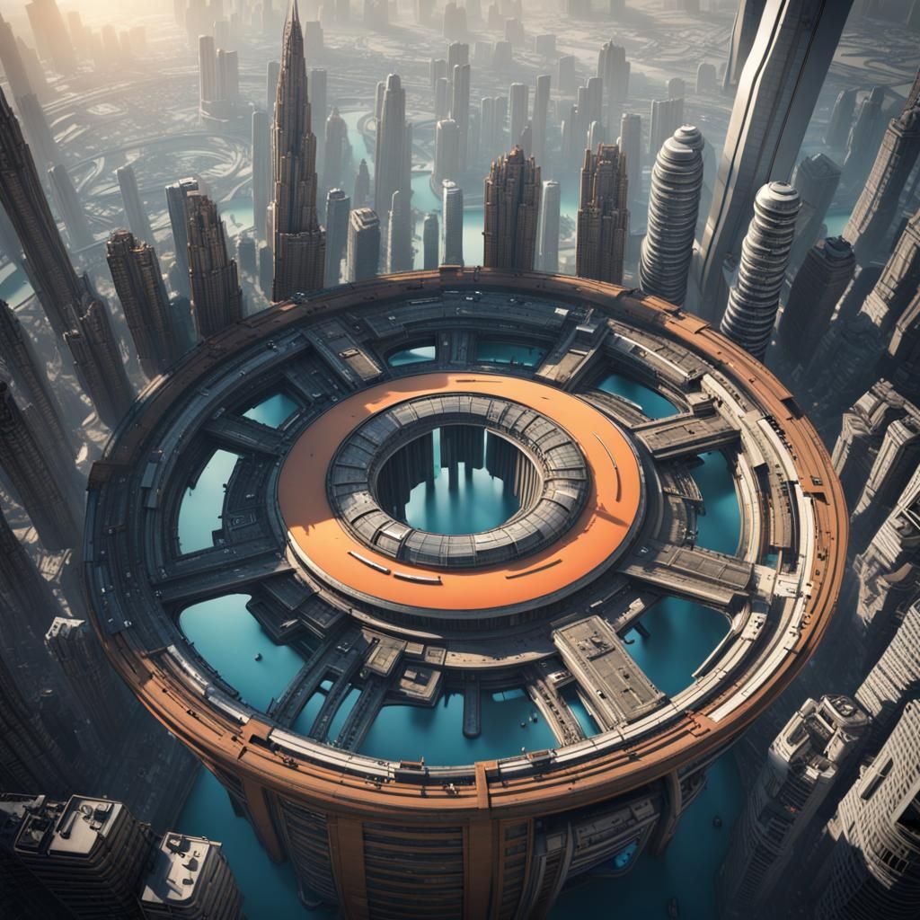 mega futuristic city with circle floating in the middle of skyscrapers ...