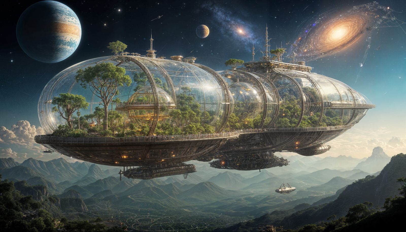 A massive double-helix transparent solarpunk terrarium ecosystem ...