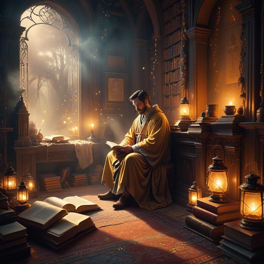 Scholar in Contemplative Silence, Surrounded by An... - AI Art