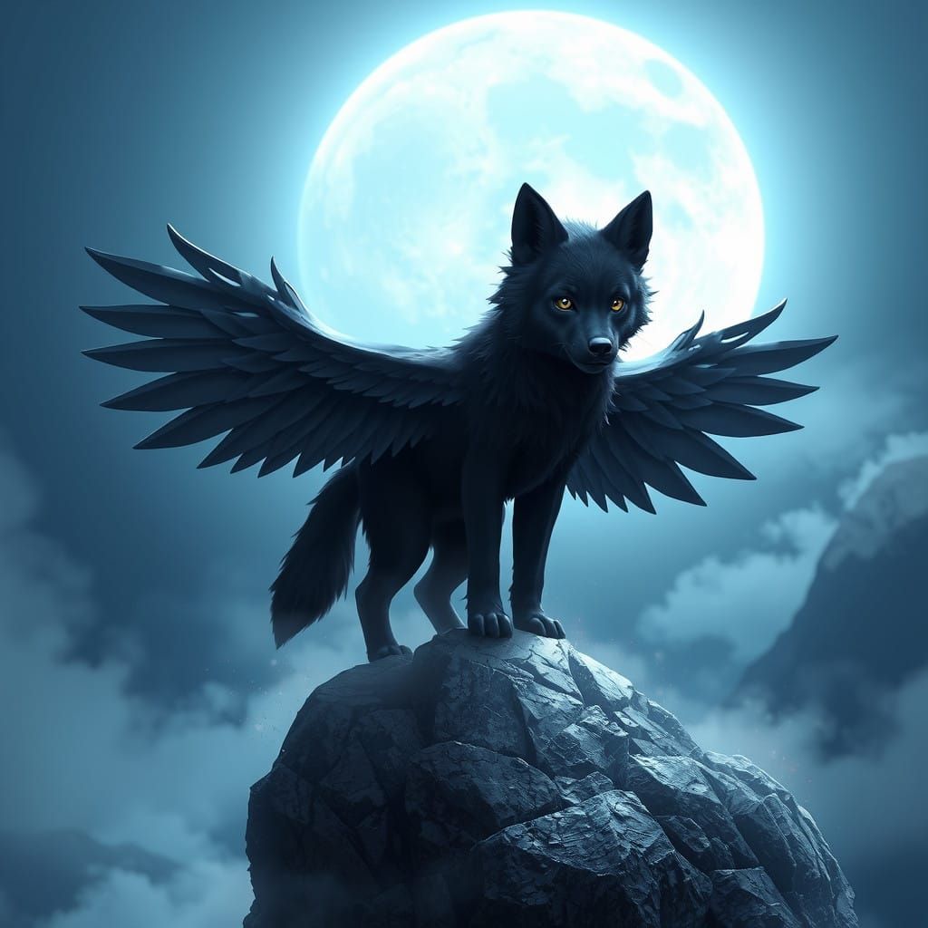 black wolf pup with large wings - Majestic Wolf Pup with En...