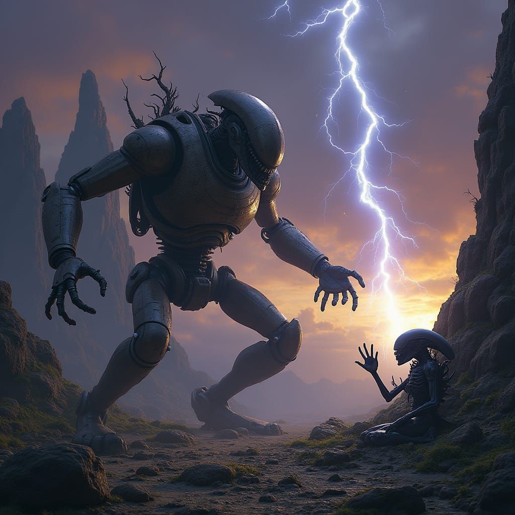 Cybernetic Horror Unleashes Electric Fury on Alien... - AI Art