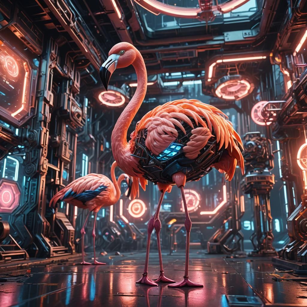 Flamingo different places - Cyberpunk Flamingo in Futuristic...