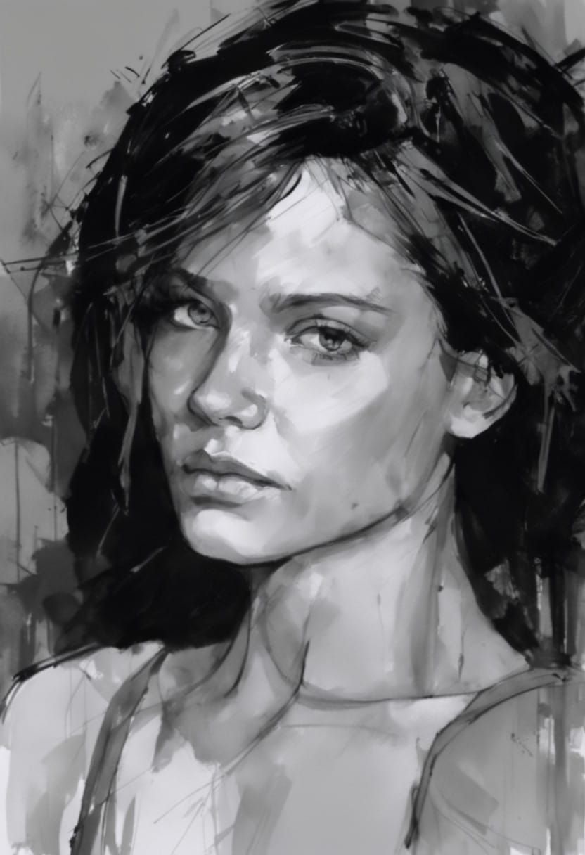 Girl Portrait in Guy Denning's Expressive Ink Styl... - AI Art