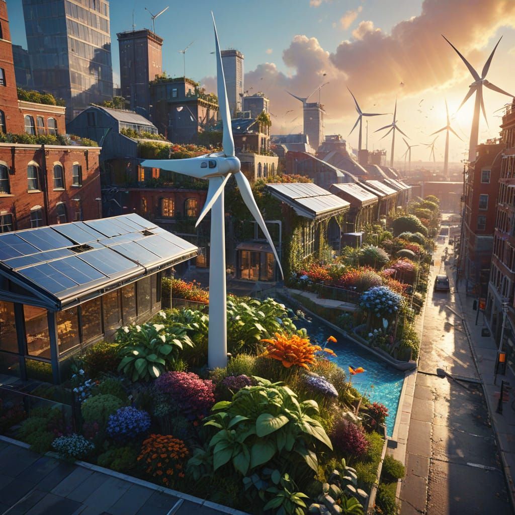 Dystopian Cityscape with Rooftop Gardens and Wind ... - AI Art