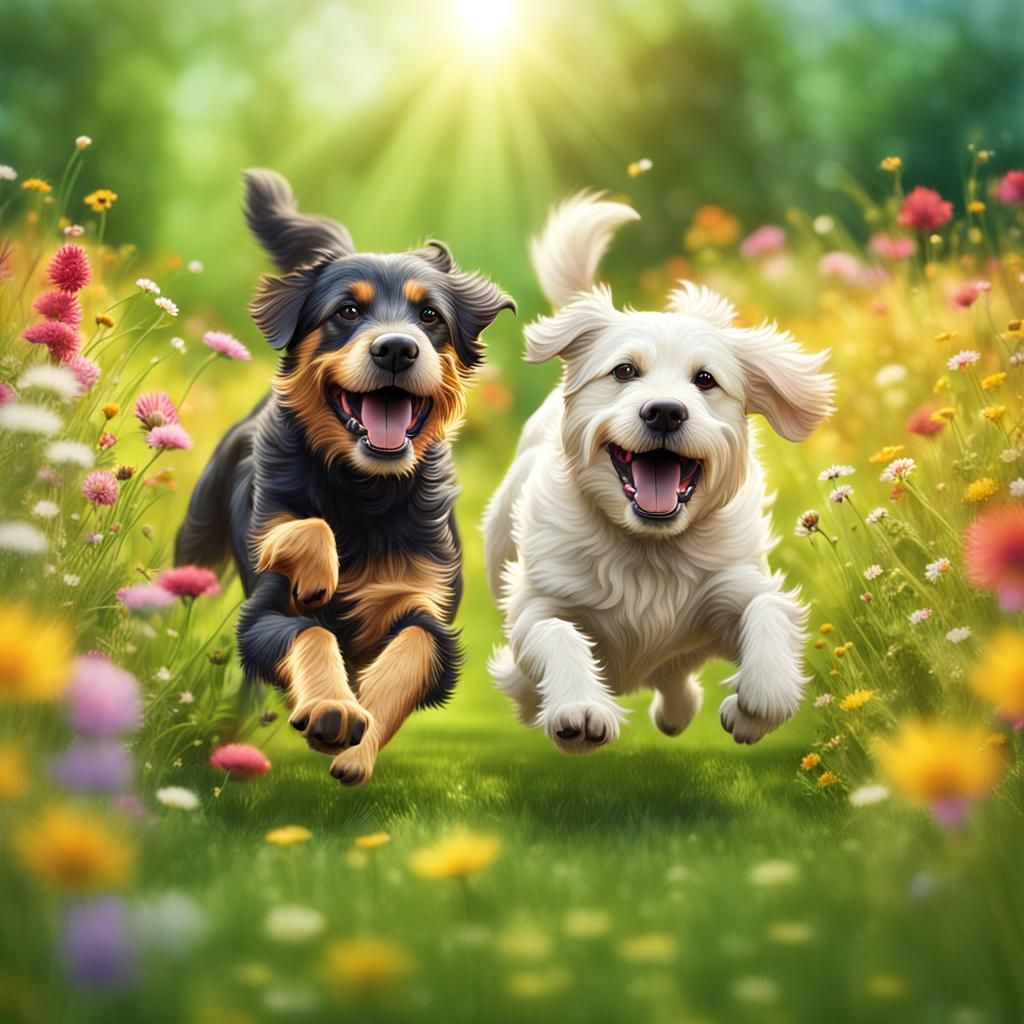 two cute happy dogs playing together by running together - AI Generated ...