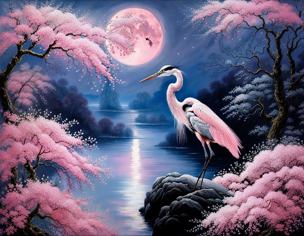 heron - Elegant Heron Adorned with Delicate Glittering Bloss...