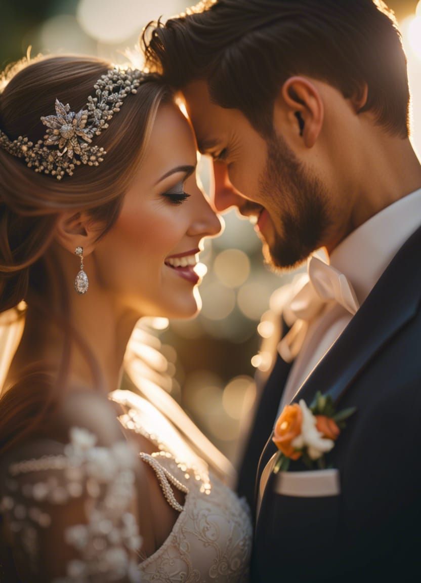 ultrarealistic centered close-up of a joyful bride and groom in love ...