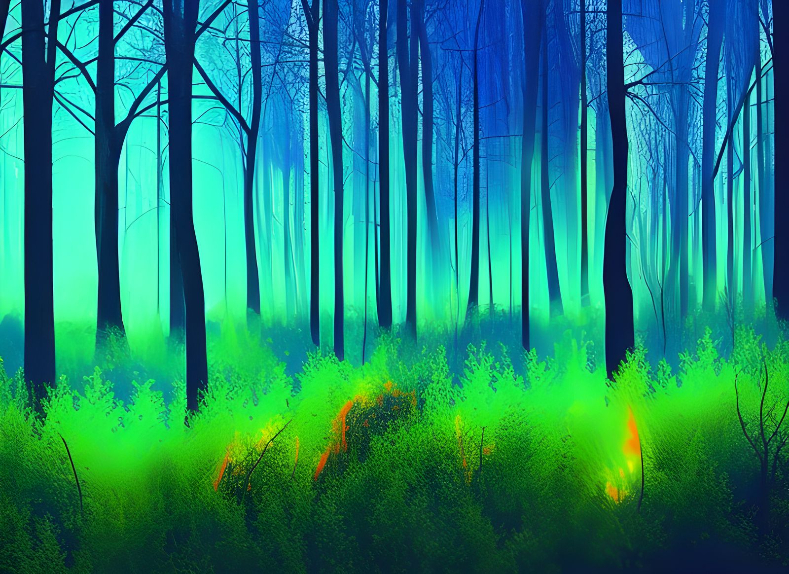 Forest Fire, Blue trees, Green FIre, surrealism IMAX glowing neon ...